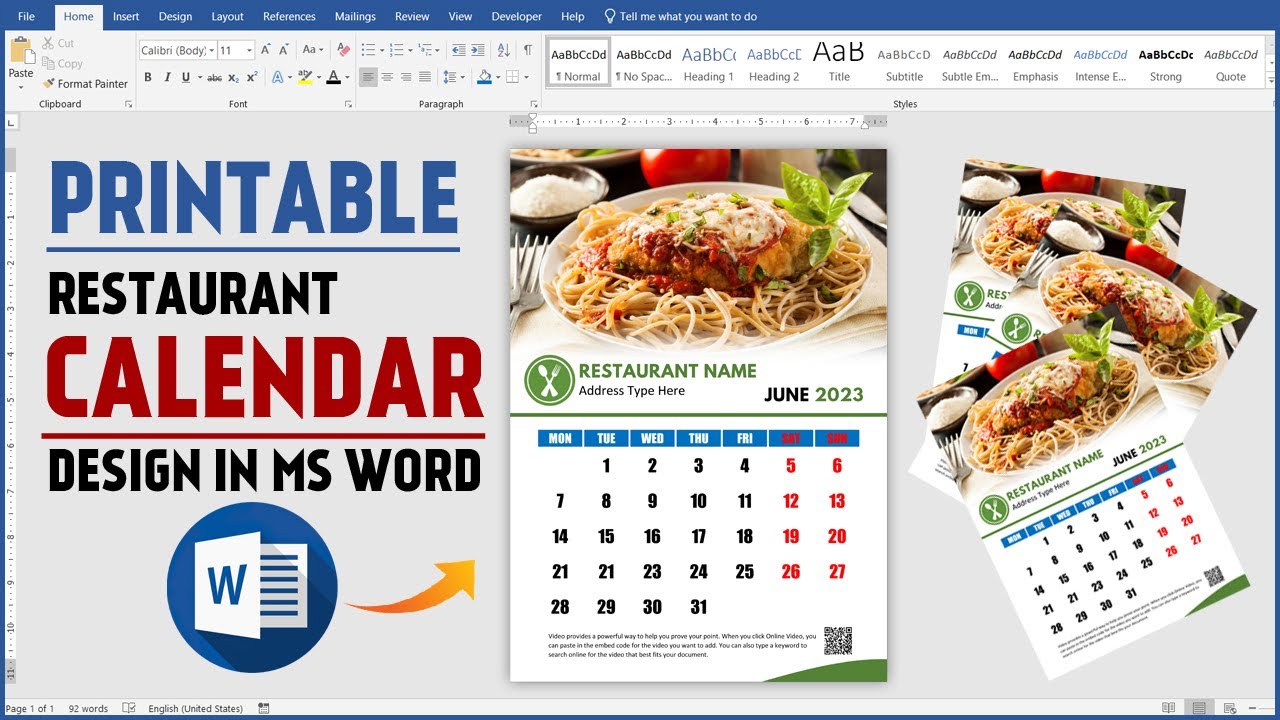 Printable Restaurant Calendar Design in Microsoft Word ! - YouTube
