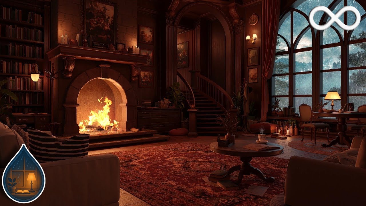 Rainy Night in a Cozy Library 📚 Fireplace & Rain Sounds for Deep Sleep ...