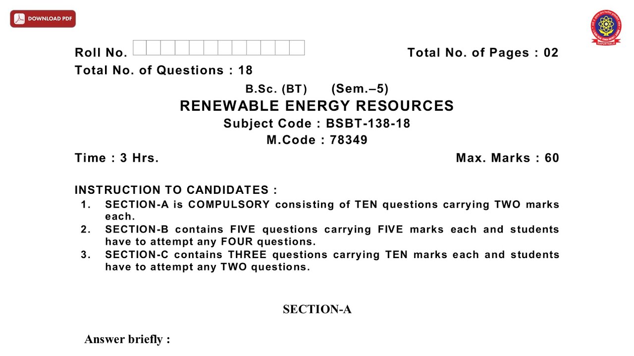 BSC 5TH SEM BT RENEWABLE ENERGY RESOURCES JAN 2021 | PTU - YouTube