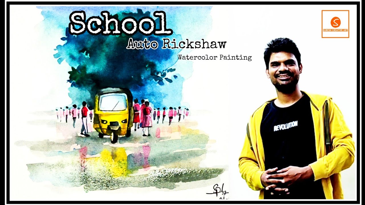How to draw School Auto Rickshaw Watercolor Painting | Students life ...