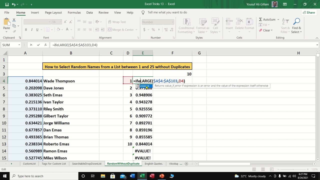Excel Task 11 Generate Random Names Without Duplicates Hindi Urdu Excel Task 11 Generate Random Names Without Duplicates Hindi Urdu