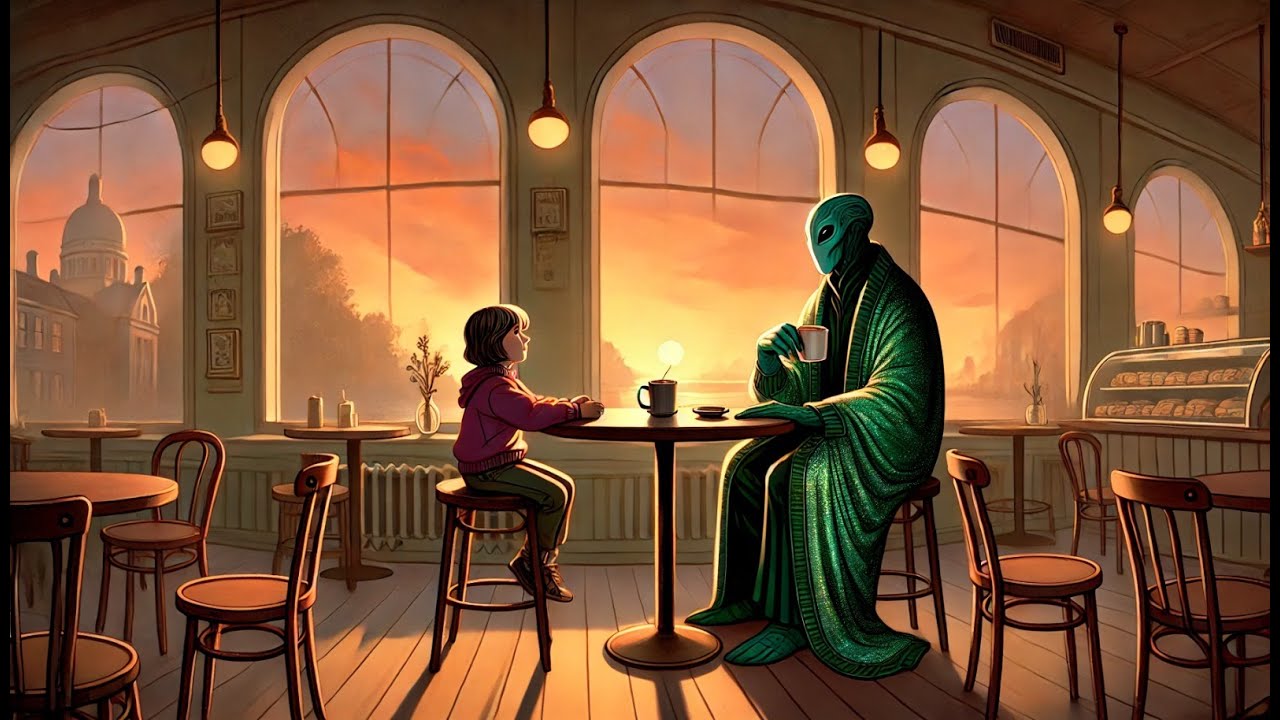 Young Human Girl Befriends Lonely Alien at a Café, Unaware She's ...