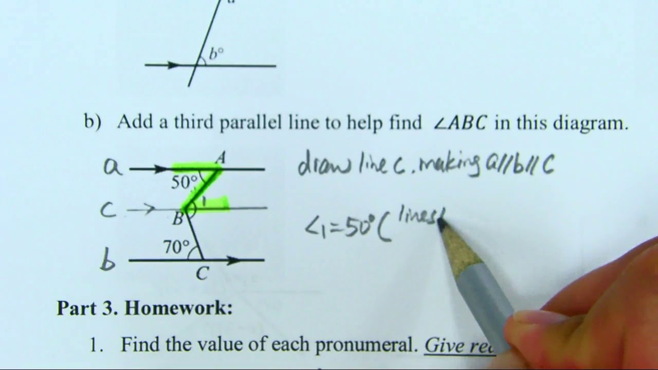 Year 9 Geometry Revision -- Add a third parallel line to find angles ...