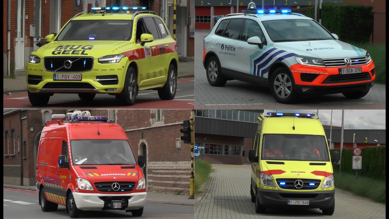 (Double siren) Brandweer, Politie, MUG en Ambulances met spoed in Geel ...
