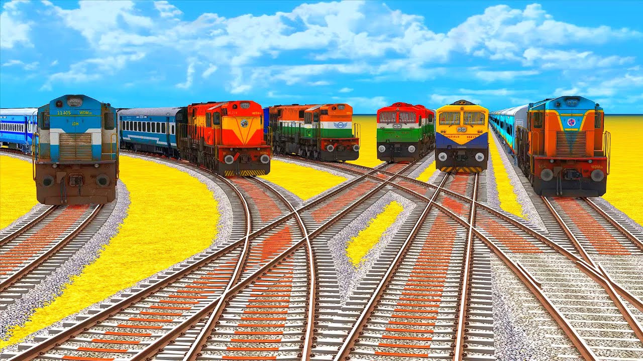 6 COLORFUL TRAINS CRAZY CROSSING ON BUMPY SAME LINE AT SHARP BEND TRACK #45 | BeamNG Train ...