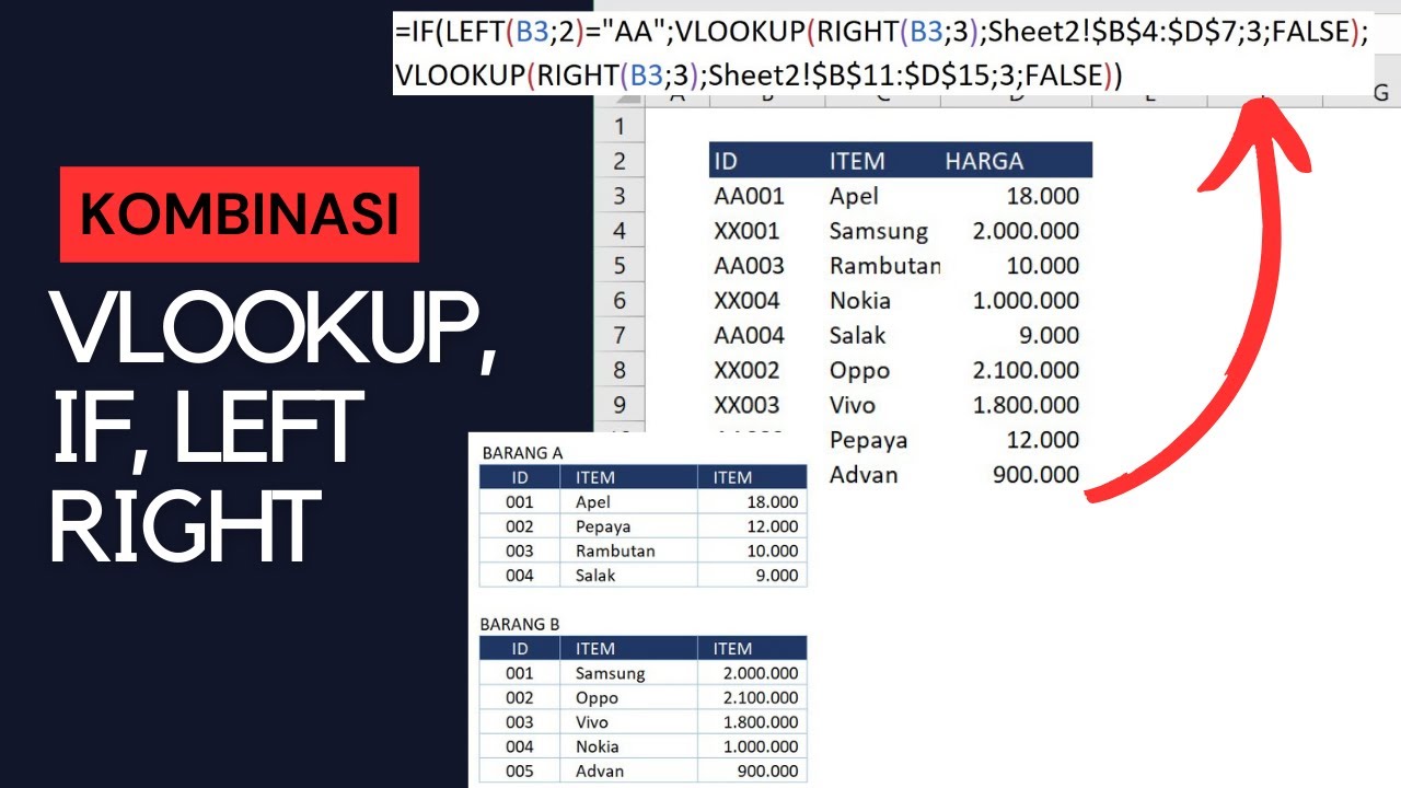 Kombinasi Rumus Excel VLOOKUP+IF+LEFT+RIGHT - YouTube