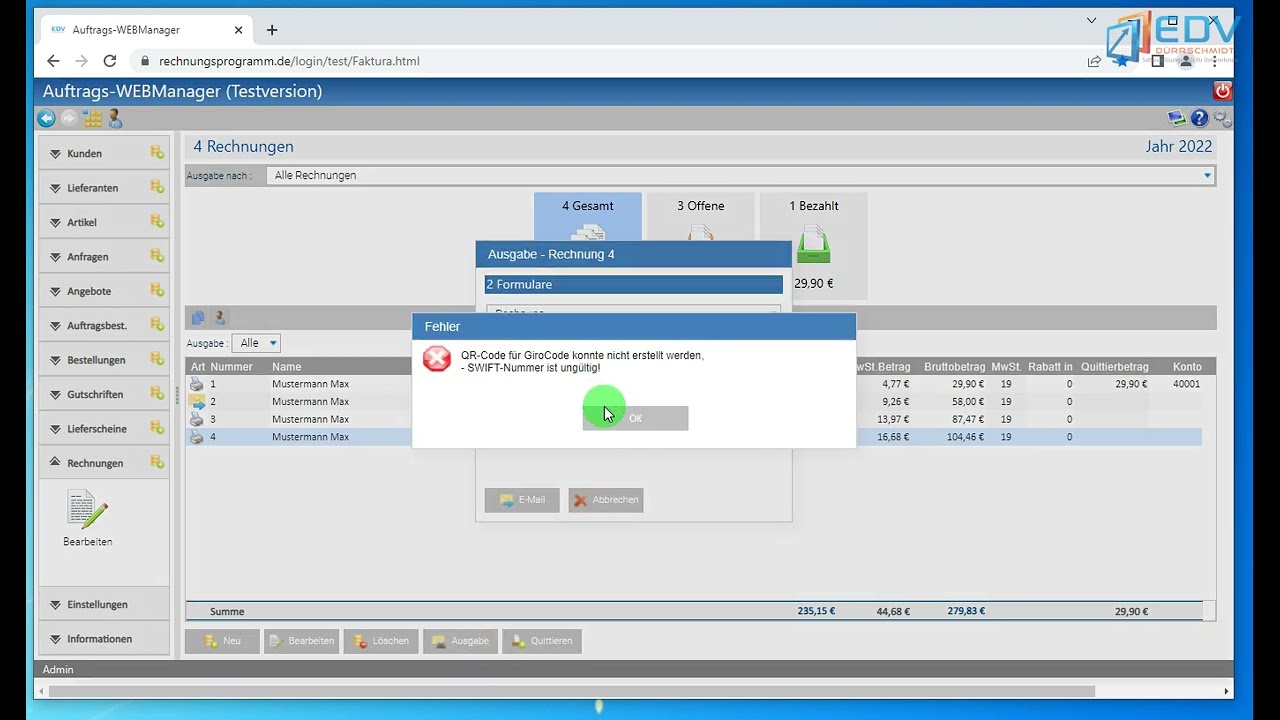 QR-Code (GiroCode) im Rechnungsprogramm Auftrags-WEBManager - YouTube