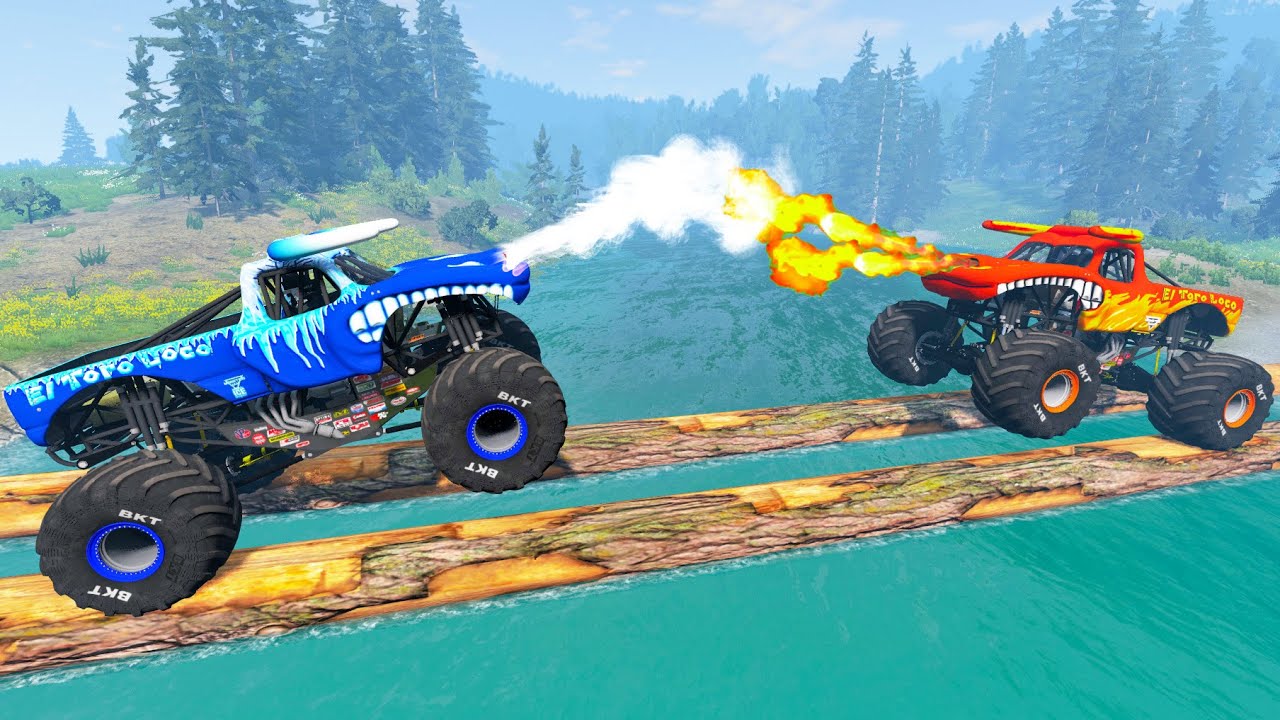 El Toro Loco Monster Jam Ice & Fire Cars Drive and Jump over River ...