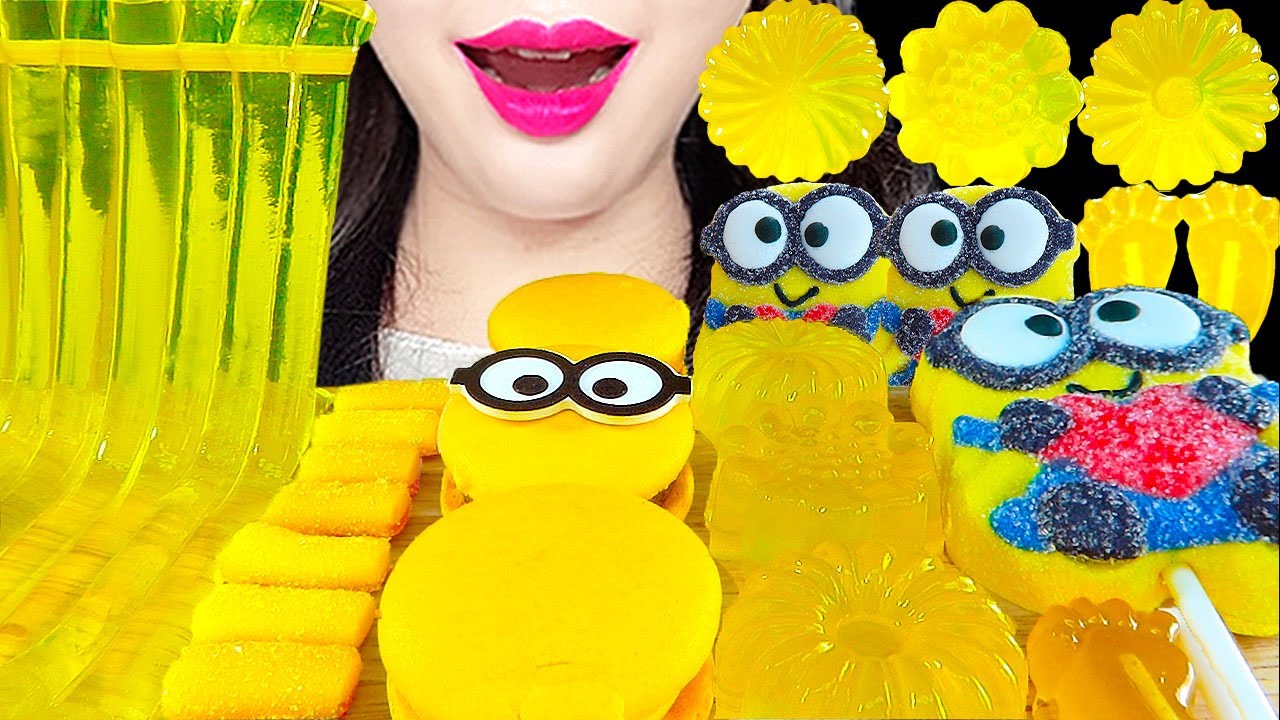 ASMR YELLOW DESSERT, MINIONS, CHICKEN, 미니언 마카롱, 미니언 마쉬멜로우, 젤리 먹방 EATING ...