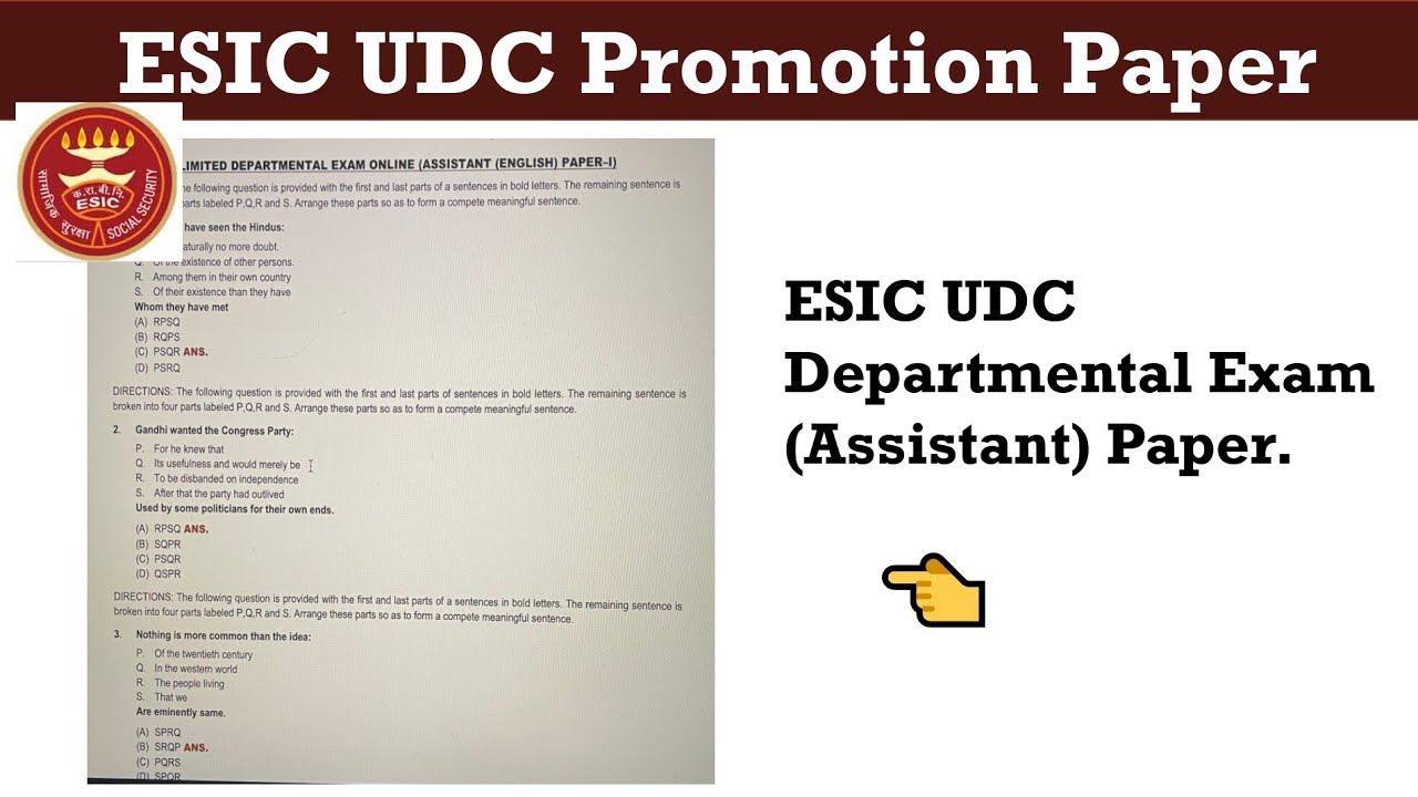 ESIC UDC Departmental Exam Paper | ESIC UDC CST Exam Date & Admit Card ...