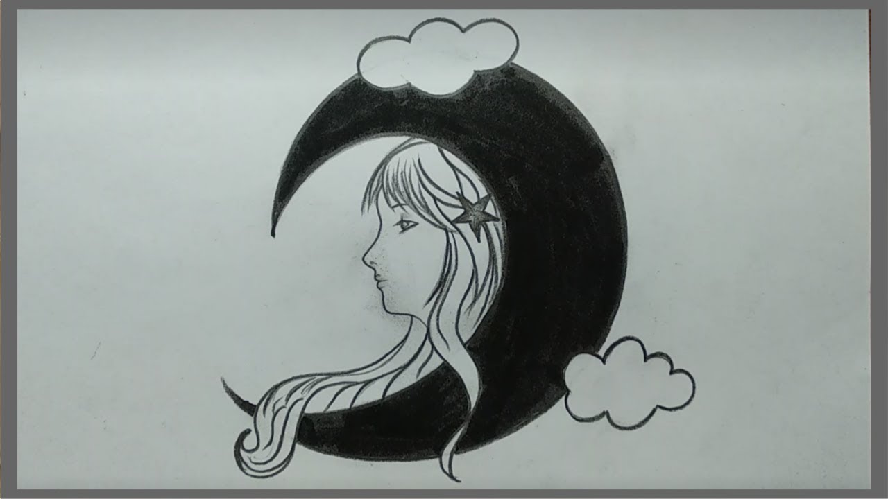 How To Draw Girl Sitting On Moon In Pencil Shading Easy - YouTube