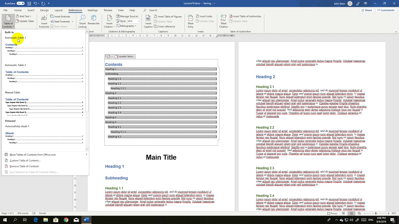 Microsoft word tutorial Table of Contents - YouTube