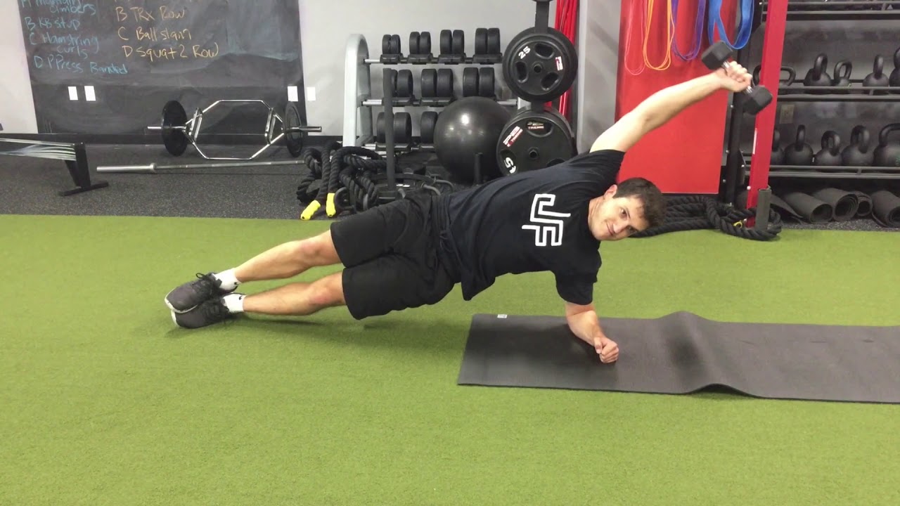 Side Plank Overhead Oblique Crunches w. Dumbbells - YouTube