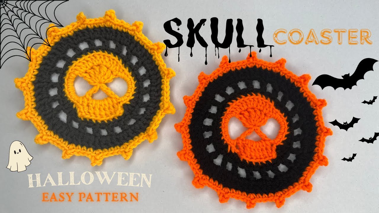 Crochet Halloween Skull Coaster Free Easy Pattern Video Tutorial for ...
