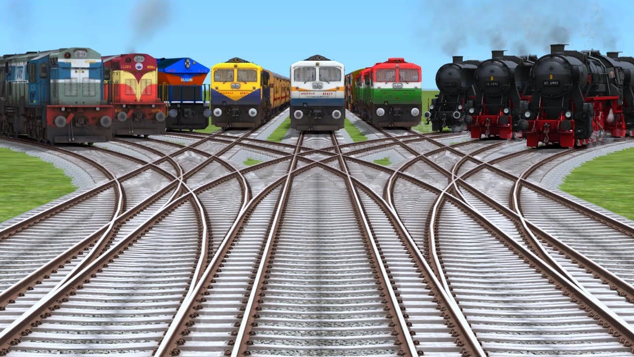 9 Trains Crossing By Bumpy Branched Railroad Tracks || crossing in ...