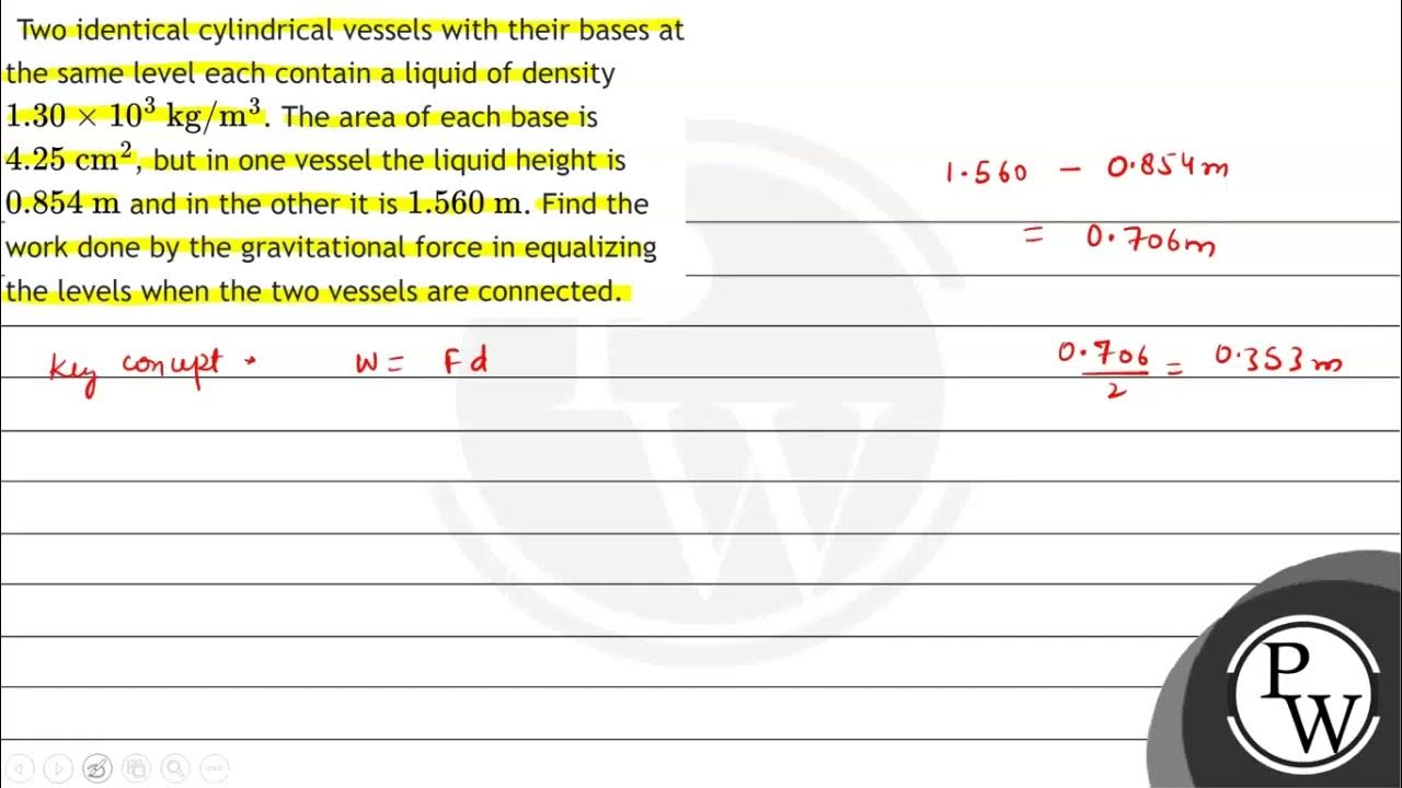 Two identical cylindrical vessels with their bases at the same level each contain a liquid of de ...