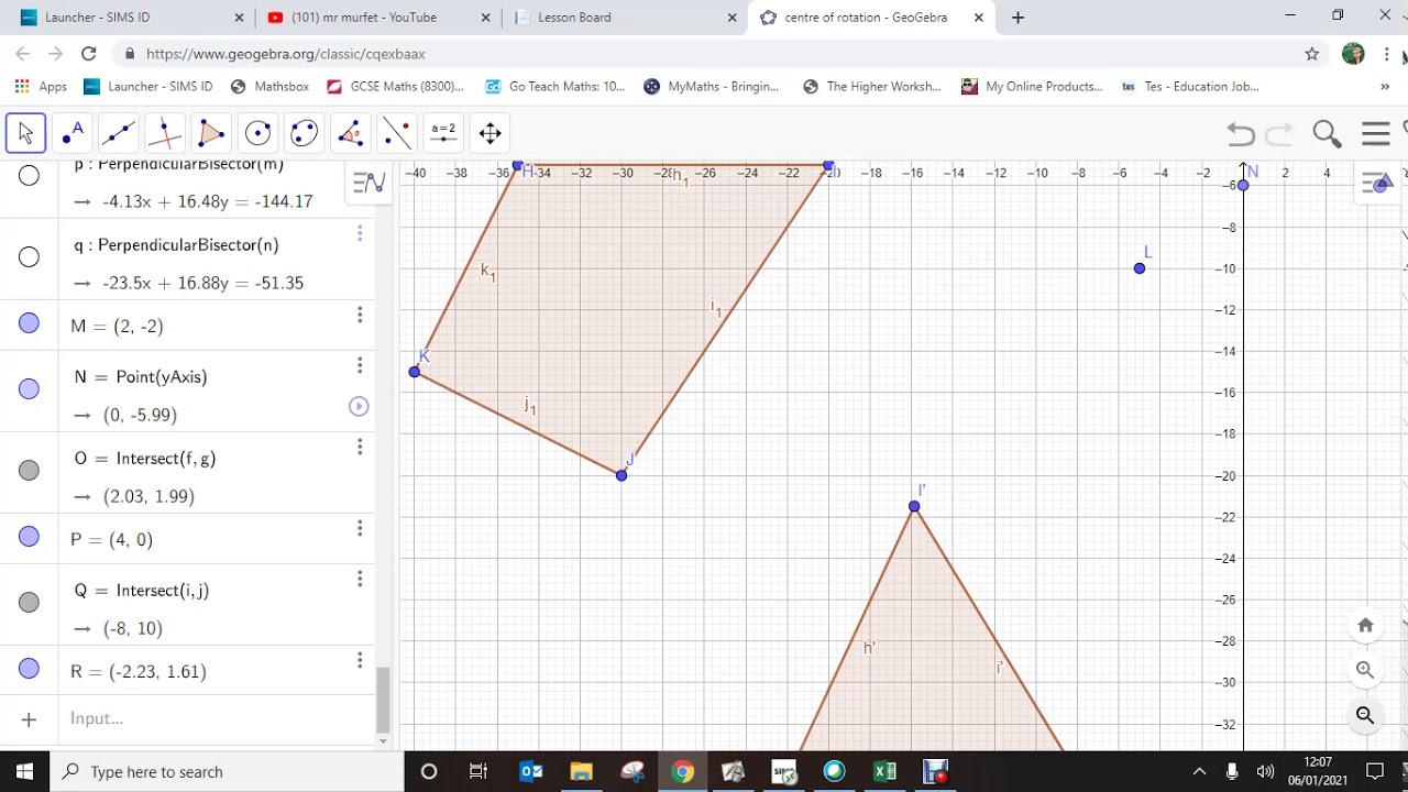 finding the centre of rotation examples with geogebra - YouTube