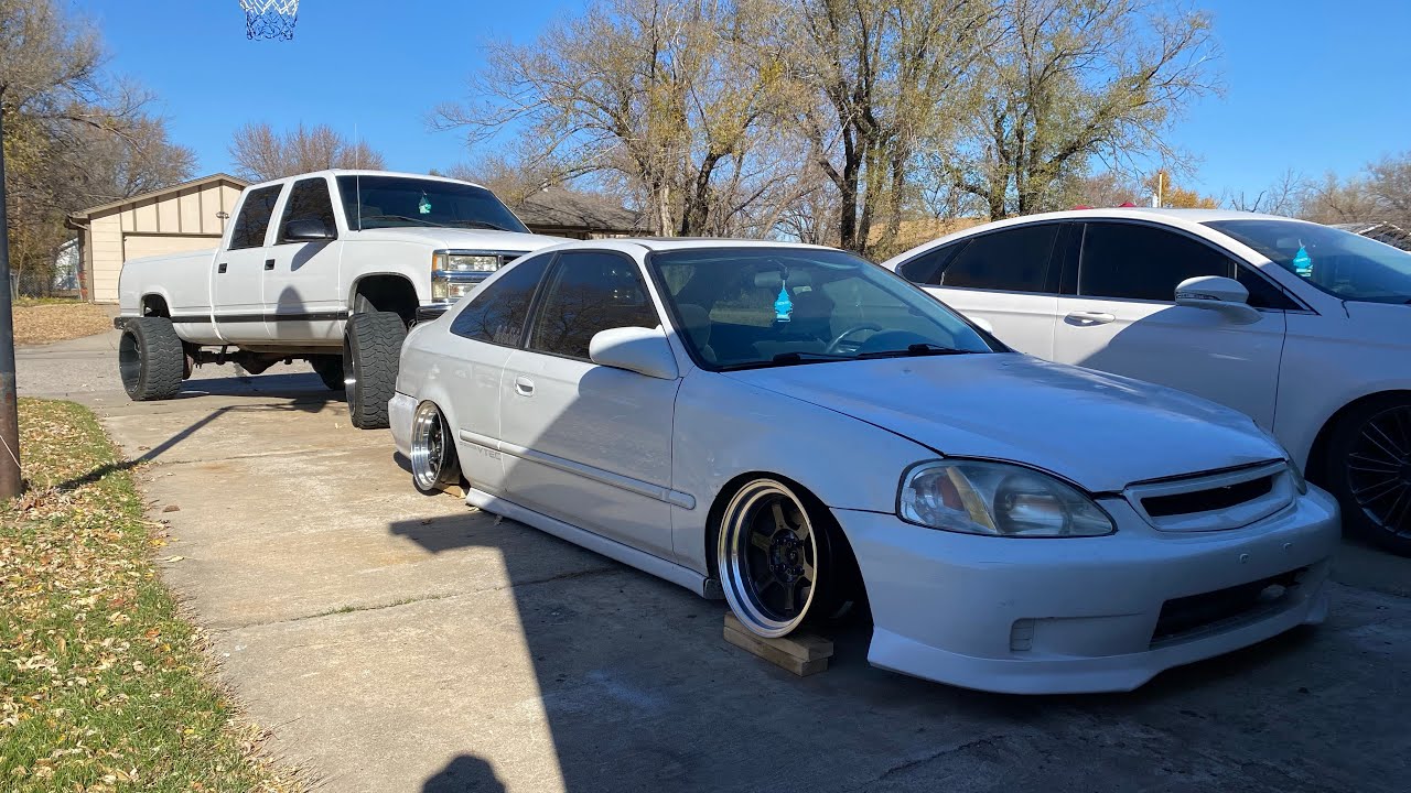 SLAMMED EK COUPE test fits new WHEELS!!! Rotas??? - YouTube