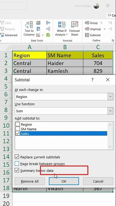 #Shorts | Data Subtotal in Excel | Excel Data Tab : SubTotal Option - YouTube
