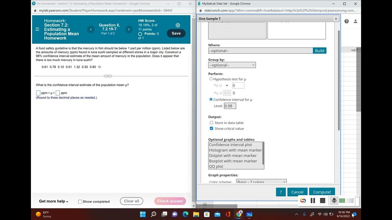Confidence Interval for Population Mean Given Data Using Statcrunch - YouTube