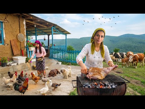 IRAN village life| Cooking leg of lamb and bread in barrel