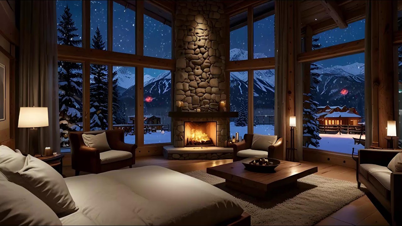 Relaxing Winter Snowfall with Soft Jazz Music on Cozy Cabin Ambience ⛄ ...