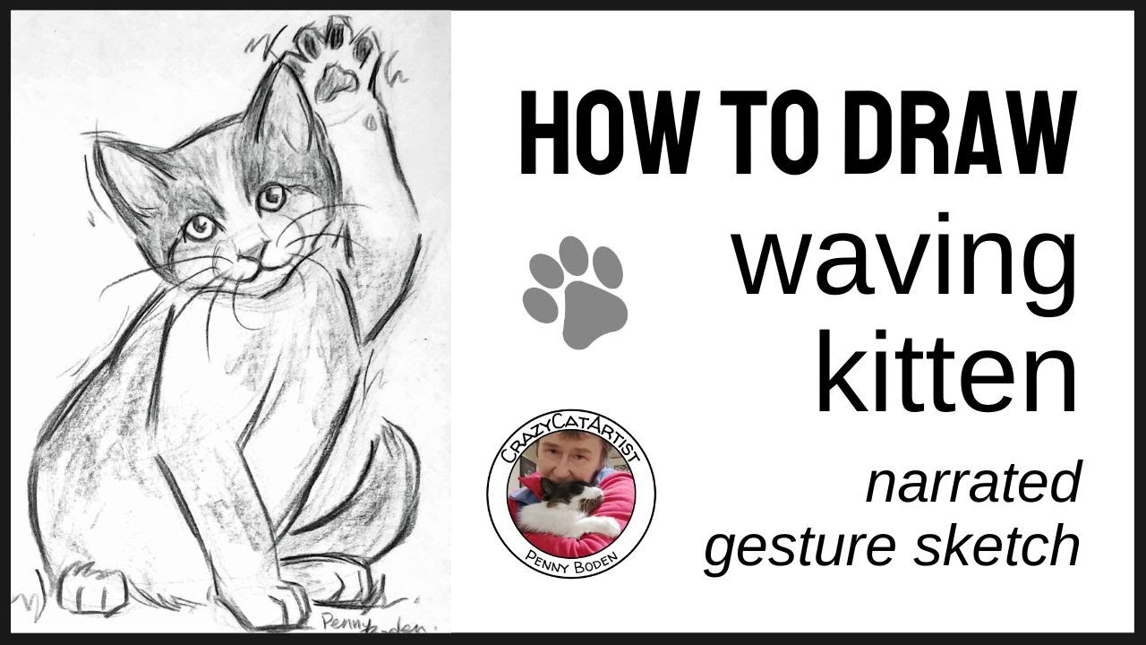 How to Draw Playful Kitten Sitting Waving Paw with Toe Beans, cute ...