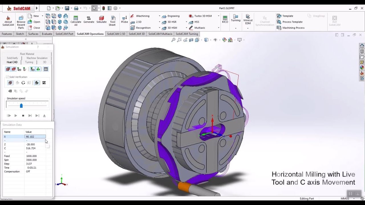 SolidCAM Mill Turn with C axis movement - YouTube