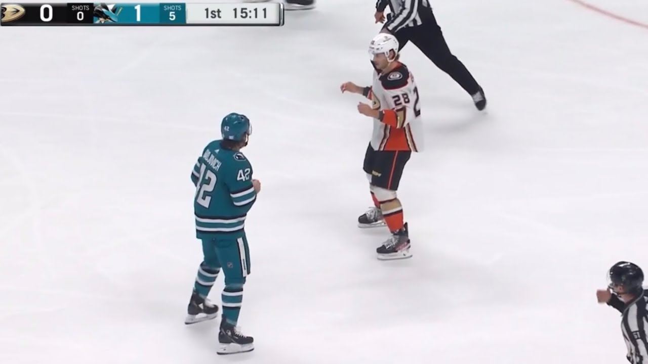 Jonah Gadjovich vs Nathan Beaulieu fight San Jose Sharks vs Anaheim ...