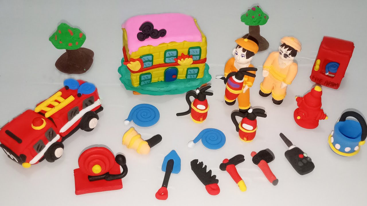 DIY How To Make Polymer Clay firetruck, Fireman, Firefighting Set ...