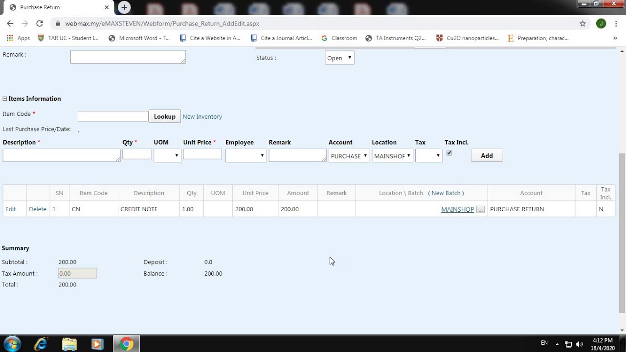 Webmax Tutorial - [PUR.RETURN/CN] How to create Credit Note from supplier - YouTube
