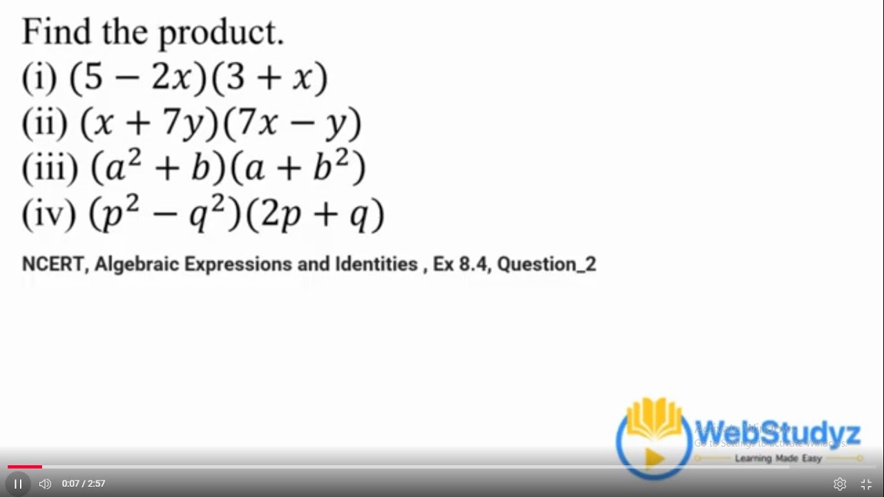 Class 8 NCERT Maths | Ch 8: Algebraic Expressions And Identities | Ex 8 ...