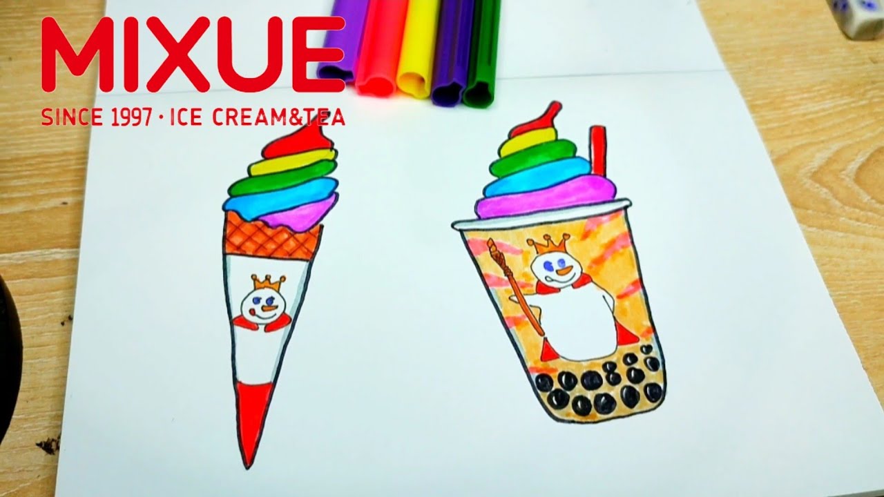 Cara mudah menggambar Es Krim Cone & Es Krim Boba Mixue Warna-warni ...