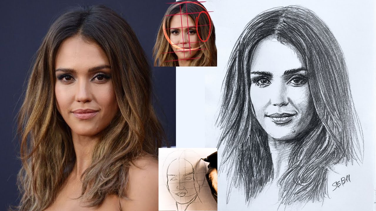 Learn how to draw the portrait of JESSICA ALBA with the Loomis method ...