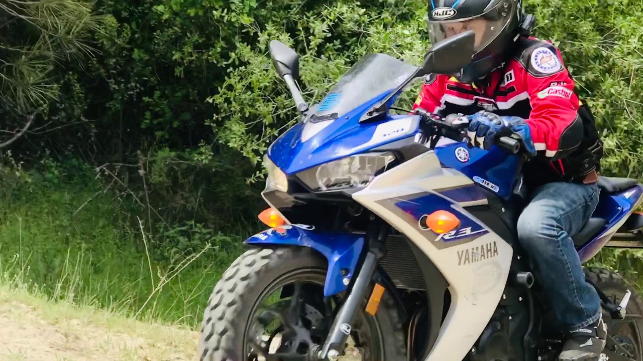 Yamaha R3 off-roading with knobby tires - YouTube