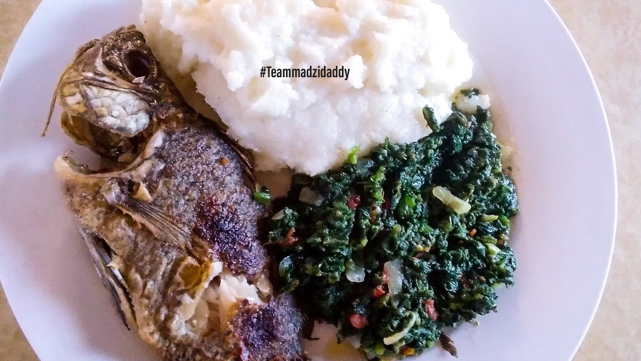 Pap/sadza with pumpkin leaves/muboora and deep fried fish # ...