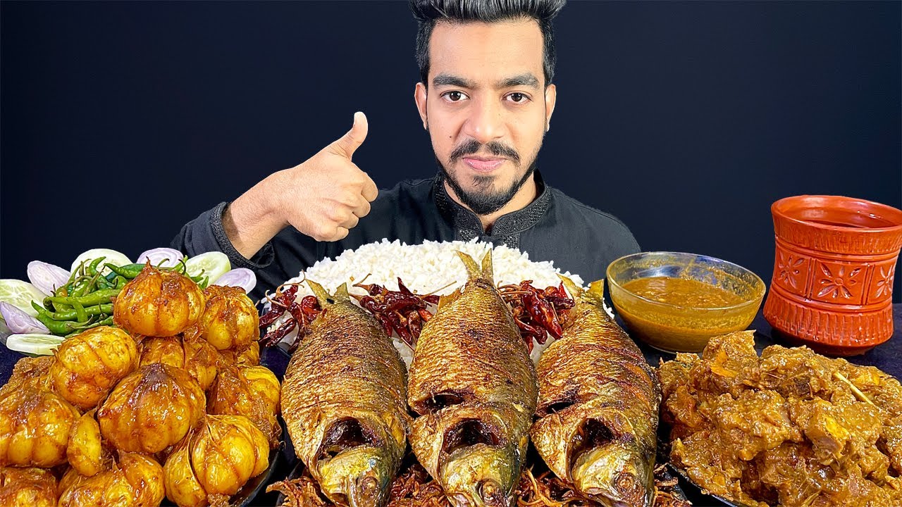 SPICY HILSA FISH FRY, SPICY MUTTON CURRY, GARLIC CURRY EATING SHOW ...