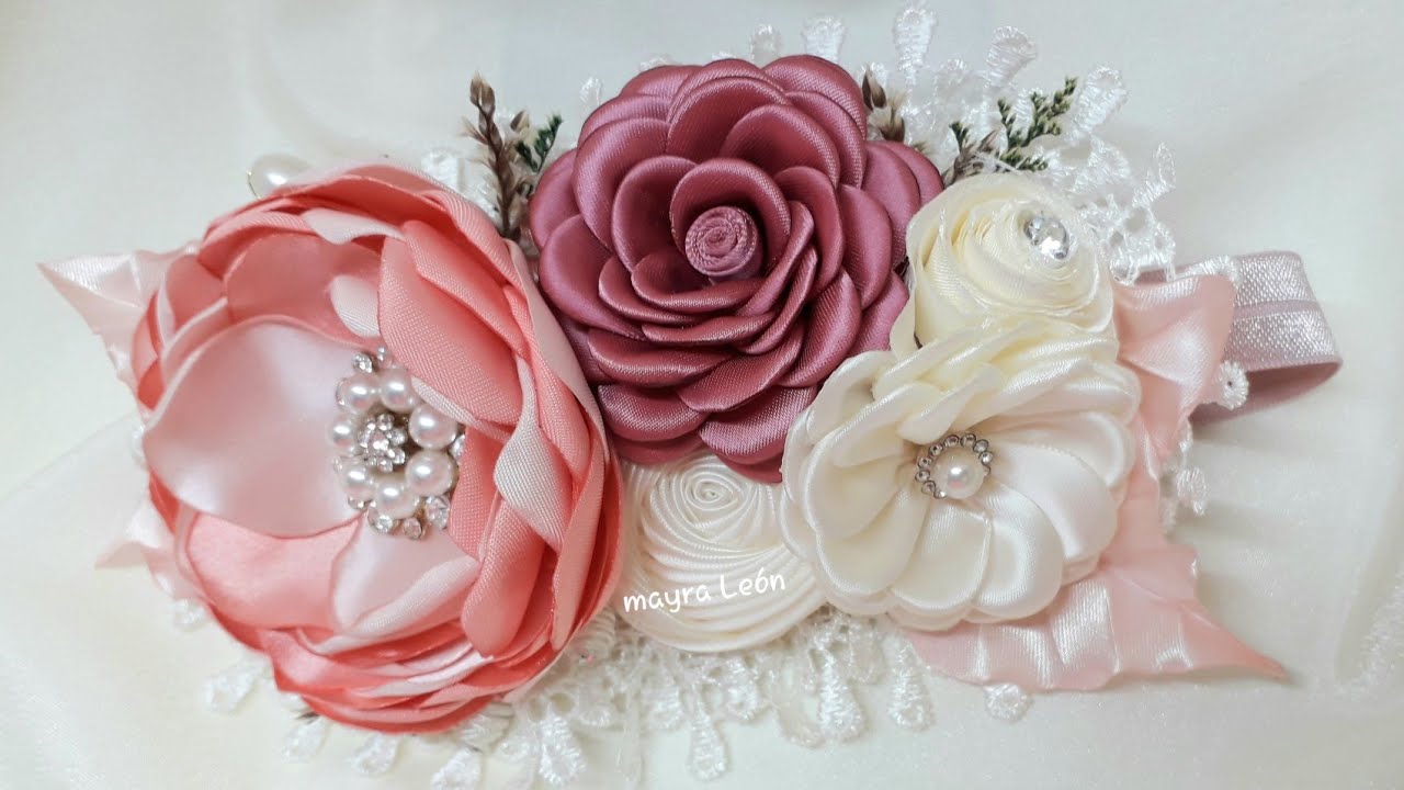 como hacer una tiara con flores de tela y liston fina|mayra León| - YouTube