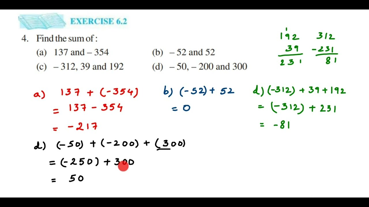 4q Ex 6 2 Integers Class 6 Maths Find The Sum Of a 137 And 354 b