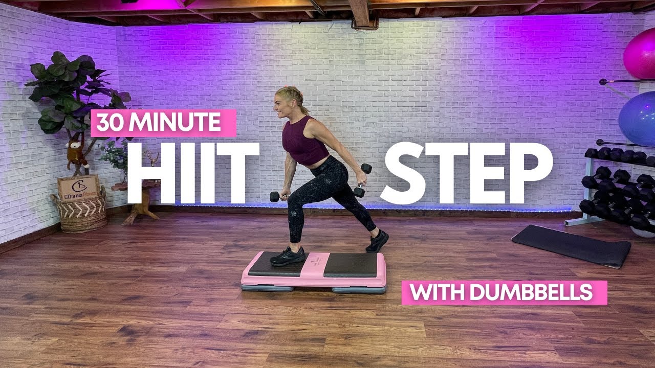 30 MINUTE CARDIO HIIT STEP WORKOUT // STEP WITH DUMBBELLS - YouTube