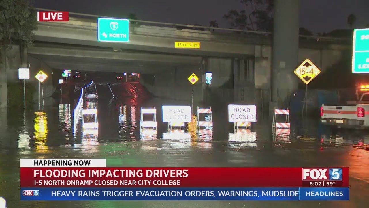 I-5 north onramp closed near City College due to flooding - YouTube