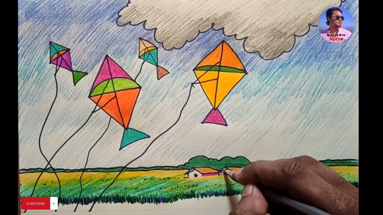 how to draw scenery of kite flying