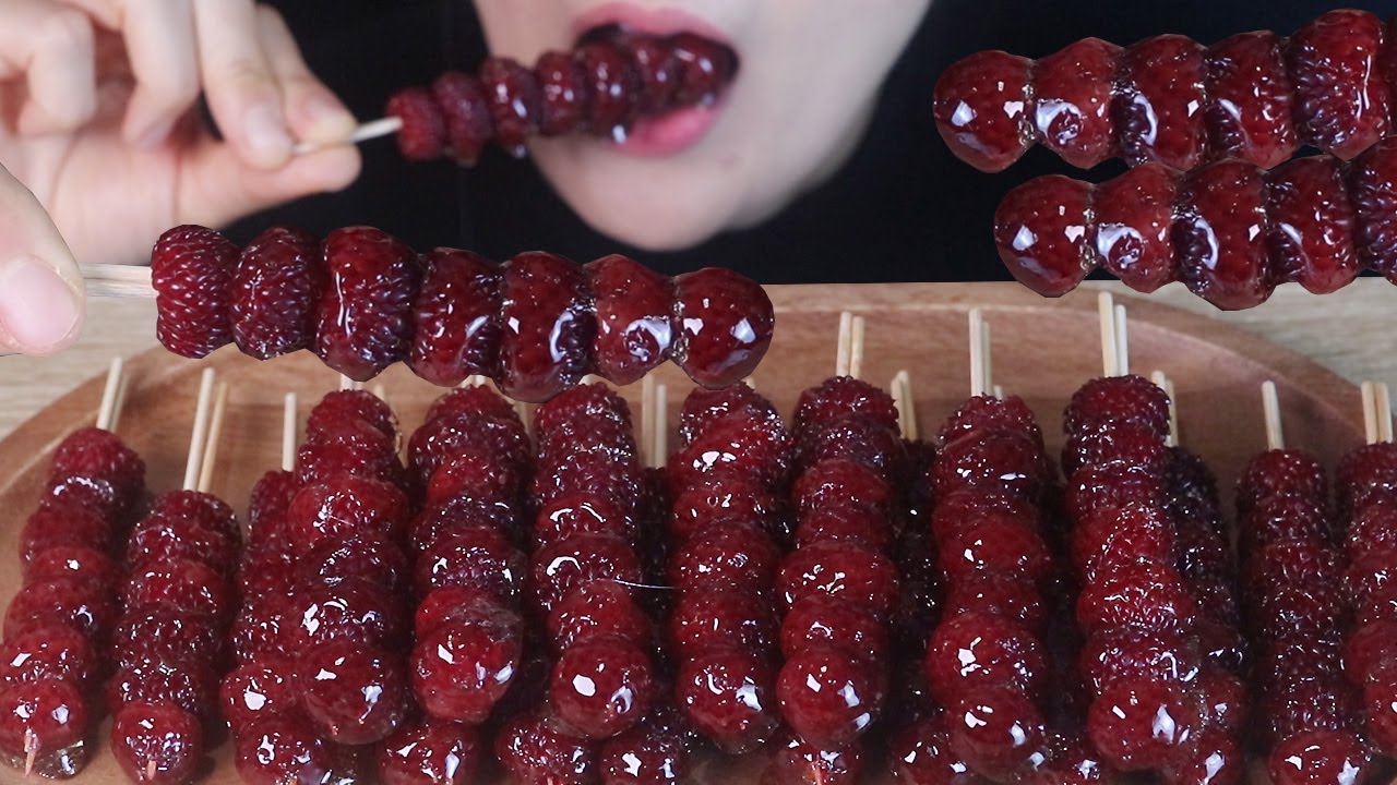ASMR Tanghulu Candied fruits Raspberry 🍓 산딸기 탕후루 먹방Mukbang Kẹo trái cây ...
