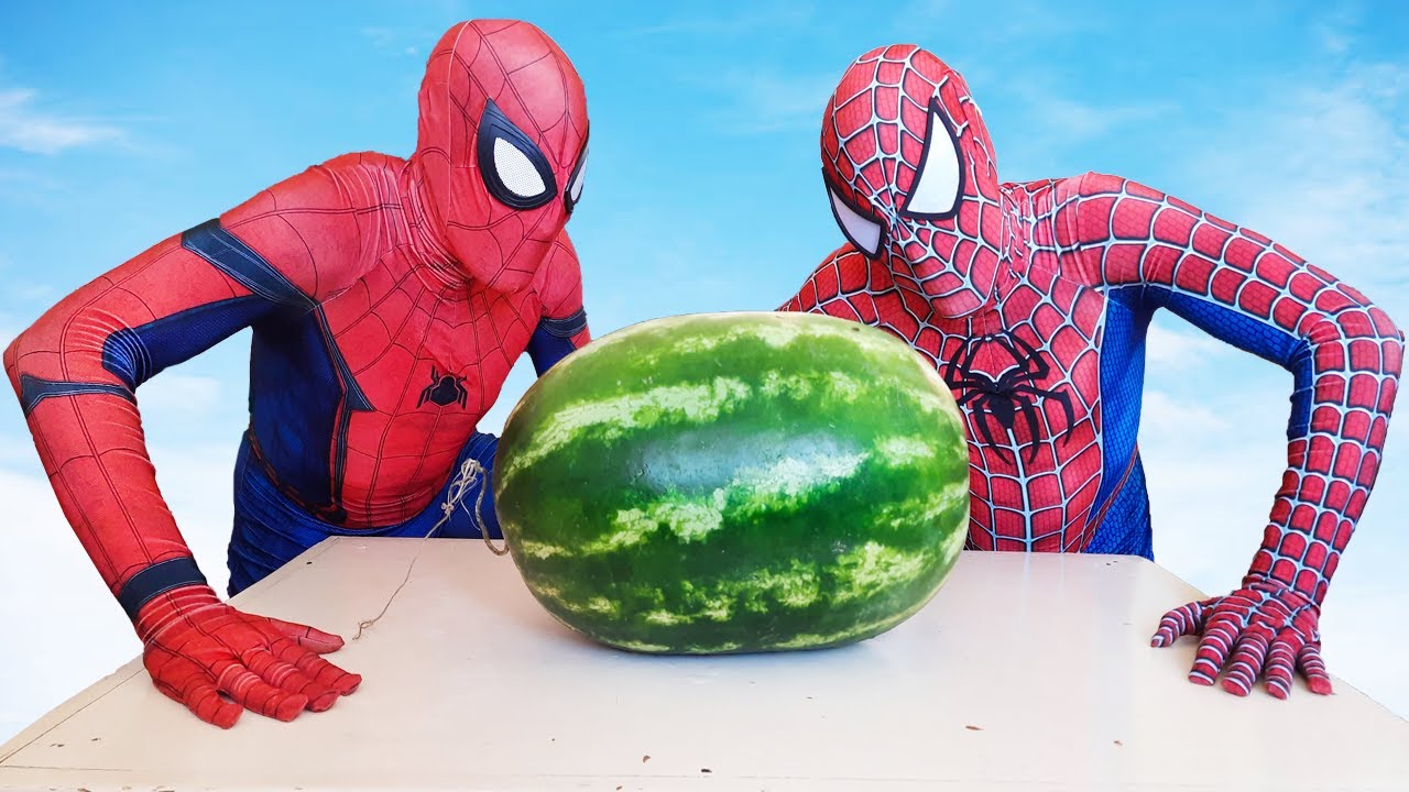 Team SpiderMan VS Watermelon | Challenge ASMR Mukbang | 수박 먹방 - YouTube