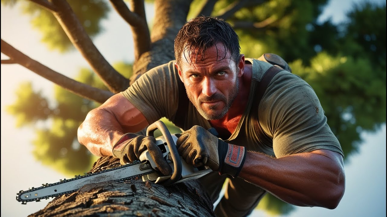 tânsky - swinging on high tree branches holding super saw cutting down ...