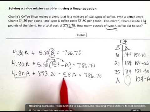 ALEKS: Solving a value mixture problem using a linear equation (KC ...