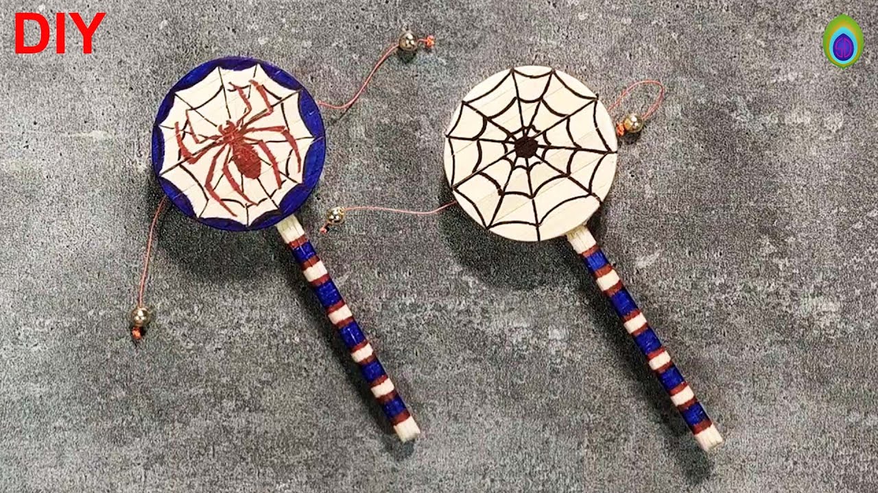 DIY | How to make Spin Hand Drum toy from Ice-cream sticks . Rattle ...
