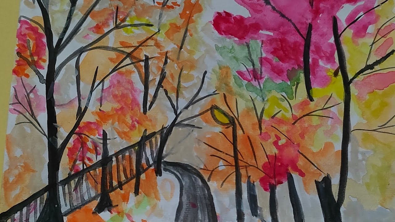 How to draw Autumn season scenery drawing. easy landscape scenery ...