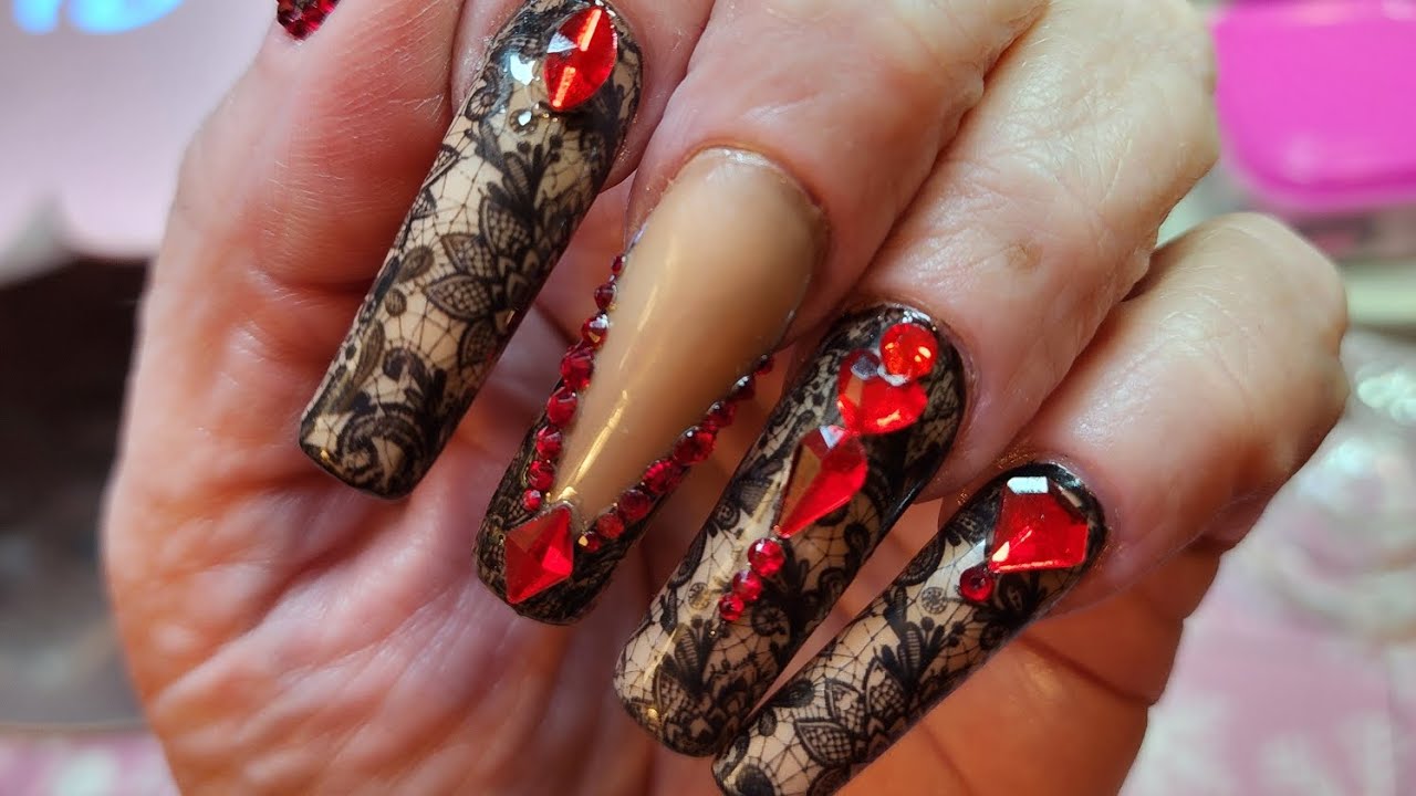 ️ Red Rhinestone & Lace Foil Acrylic Nails! - YouTube