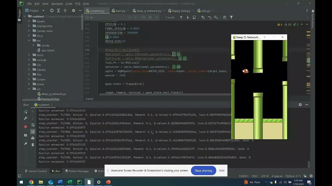 DQN training on Flappy bird game using pytorch - 5th hour - YouTube